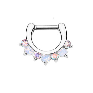 Covet Jewelry Prong Opal Gem Precia Septum Clicker (14 GA (1.6mm), Length: 1/4" (6mm), Aurora Borealis/White)