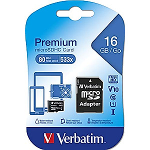 Verbatim 16GB Premium microSDHC Memory Card with Adapter, UHS-I V10 U1 Class 10, Black (44082)
