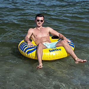 Swimline 17035ST Solstice River Rough 48" Round Heavy Duty Inflatable Inner Tube Swimming Pool 1 Person Lake Float with Handles, Yellow/Blue