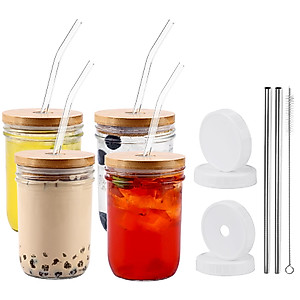 Moretoes Mason Jar Cups with Lids and Straws, 4pcs 16oz Glass Iced Coffee Cups, Drinking Glasses Set, Reusable Boba Bottle, Cute Travel Tumbler Cup, Smoothie Cup