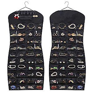 JSXD Hanging Jewelry Organizer,Dress-like Double Side 84 Clear Pockets and 6 Hook Loops Storage for Holding Jewelries (Black)