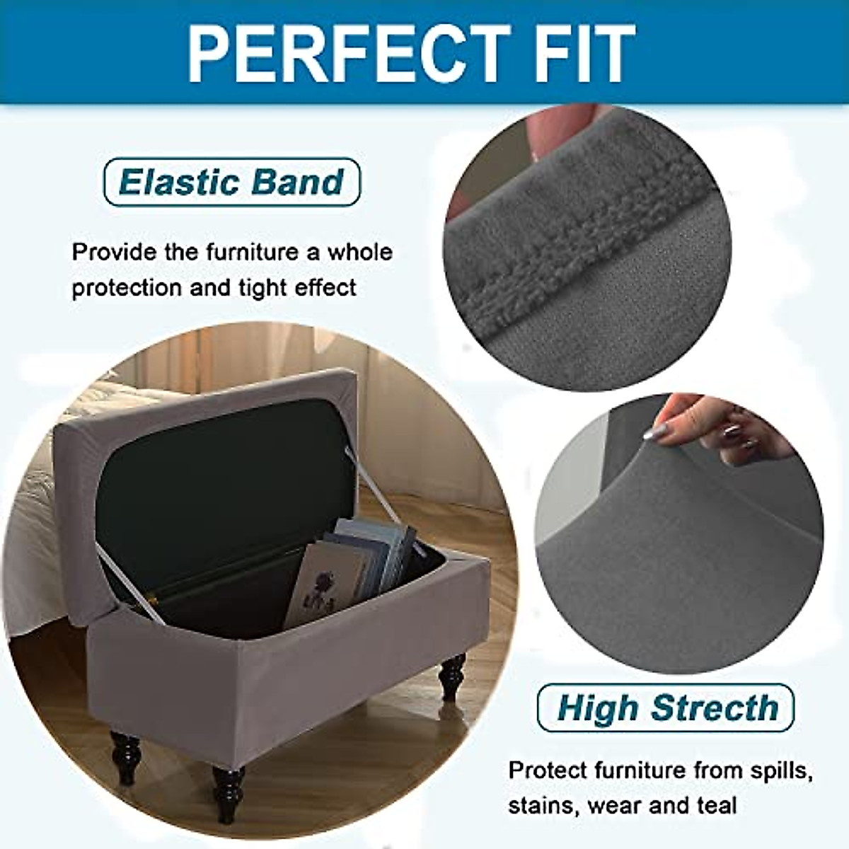 Storage Ottoman Cover,Stretch Velvet Rectangle Storage Bench Cover Jacquard Ottoman Covers Rectangle Folding Storage Bench Ottoman Cover Footrest Stool Slipcover with Elastic Bands Dark Grey Medium
