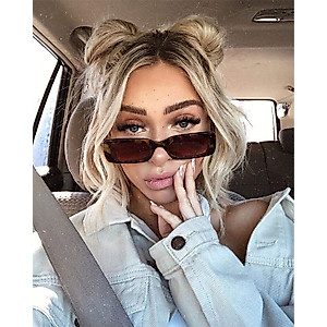 IKANOO Retro Rectangle Sunglasses for Women Men Small Square Frame Trendy Y2K 90’s Black Sunglasses (Beige Frame Tea Lens)