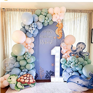 Under the Sea Party Decorations 146Pcs Dusty Green Blue Pastel Orange Balloon Garland Arch Kit with Transparent Bubble Balloons for Ocean Animals Theme Kids Birthday Party Baby Shower Supplies