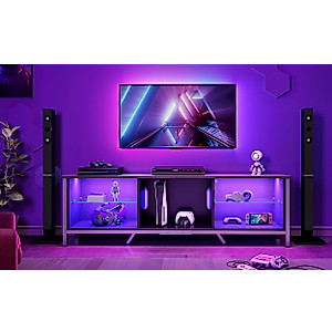 Bestier TV Stand with LED Light for 75 inch TV, Modern Gaming Entertainment Center with Detachable Glass Shelves for PS5 Black Carbon Fiber