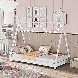 Twin House Bed, Floor Bed, Tent Bed, Wood Platform Bed Frame with Roof for Toddlers Kids Boys Girls Teens, No Box Spring Needed – White