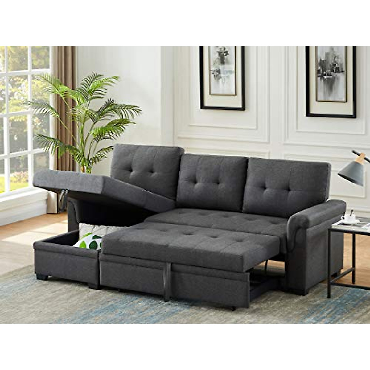 RITSU L-Shape Dark Gray Corner Couch with Storage Chaise, Linen Reversible Fabric Sleeper Sectional Sofa with Arms for Living Room, Apartment, Home Furniture, Dorm
