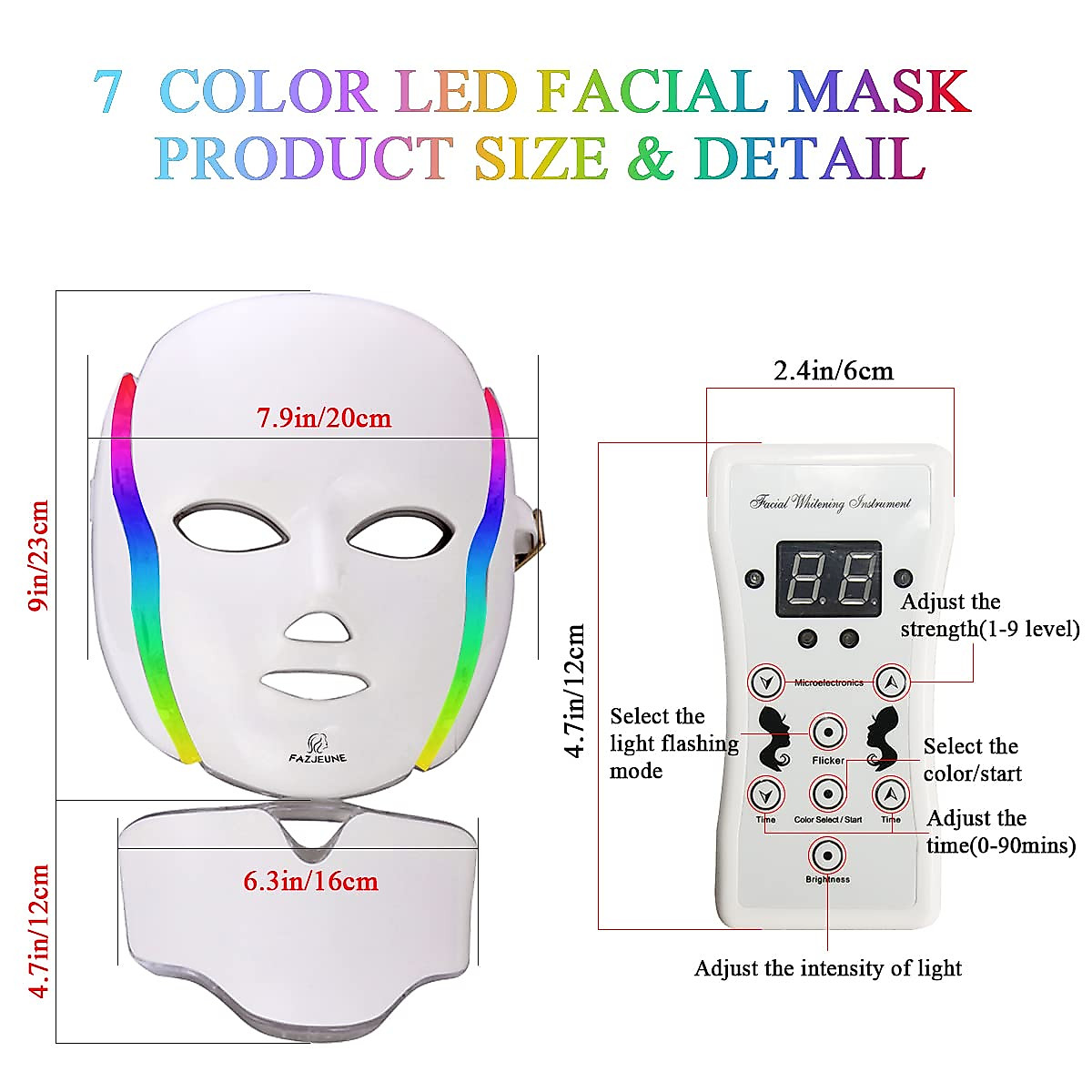 FAZJEUNE 7 Color LED Mask, Facial Mask LED 7 Color Face Skin Care Mask Portable SPA Facial LED Mask with Neck, White
