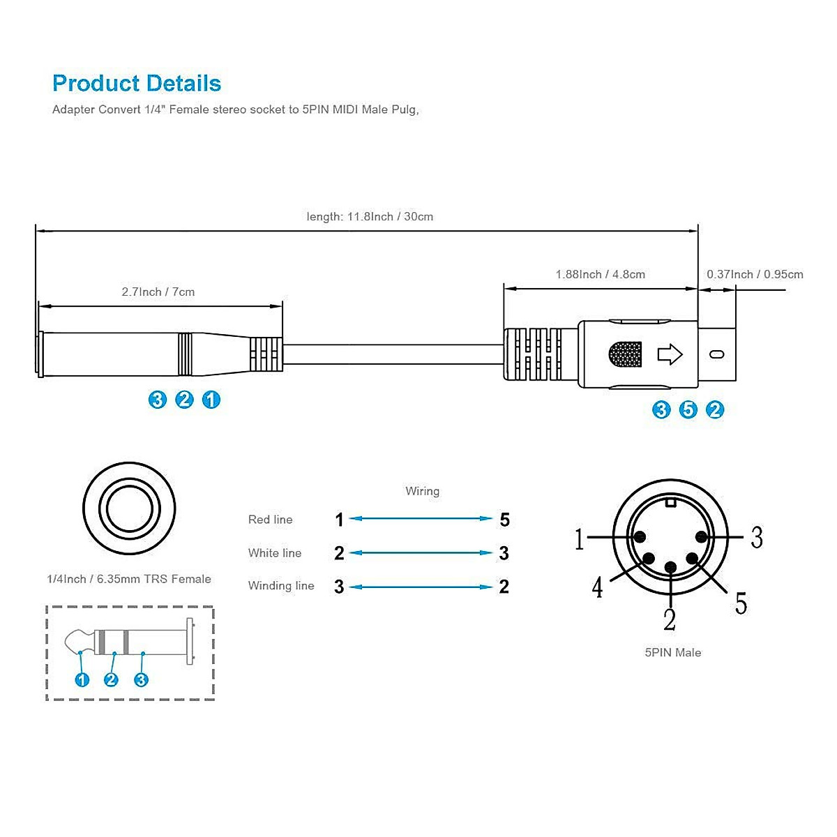 MOBOREST 6.35mm(1/4) TRS to 5-Pin DIN MIDI Cable Adapter Connect an Speaker