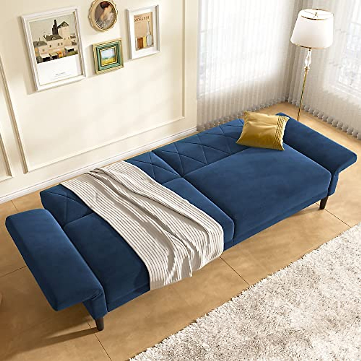 HONBAY Convertible Futon Bed Velvet Sleeper Sofa Tufted Couch Bed with Adjustable Armrests for Apartment, Blue