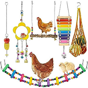 Longer Chain Chicken Toys for Coop Accessories 7PCS, Chicken Swing Ladder Perch roosts, Chicken Xylophone Mirror with Bells Vegetable Fruits Hanging Chicken Feeder for hens Bird Parrot