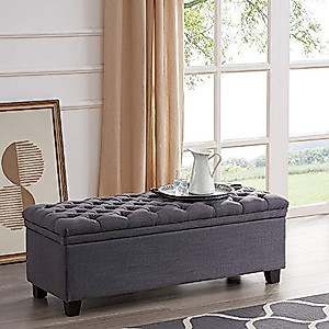 BELLEZE 47 Inch Mid Century Modern Storage Ottoman, Rectangular Lift Top Button Tufted Linen Bench Footstool for Living Room or Bedroom Furniture - Tiara (Gray)