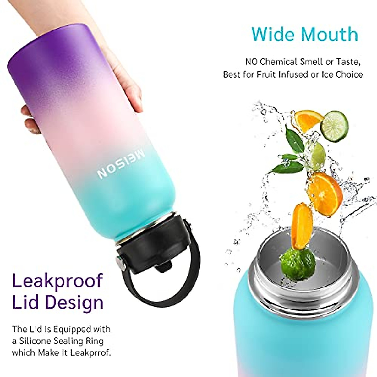 Insulated Water Bottle With Straw 32oz, Sports Water Bottle 1 Liter, Reusable Wide Mouth Vacuum 18/8 Stainless Steel Thermos Flask, Double Wall, BPA-Free (Hydrangea, 32oz)