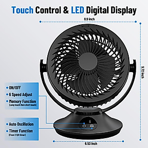 PISLIOU 12000mAh Rechargeable Desk Fan,Portable Air Circulator Fan-6 Speeds,Timing, 360° Tilt,90° Oscillating Table Fan,Small Quiet Cooling Fan for Bedroom Home Office Outdoor Battery Operated Fan