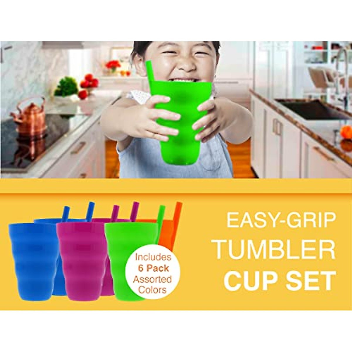 Arrow Home Products Sip A Cup with Built in Straw, 10oz, 6pk - BPA-free Straw Cups for Kids Great for Everyday Use - Made in the USA, Stackable Kids Straw Cups - Purple, Blue, Green, Orange