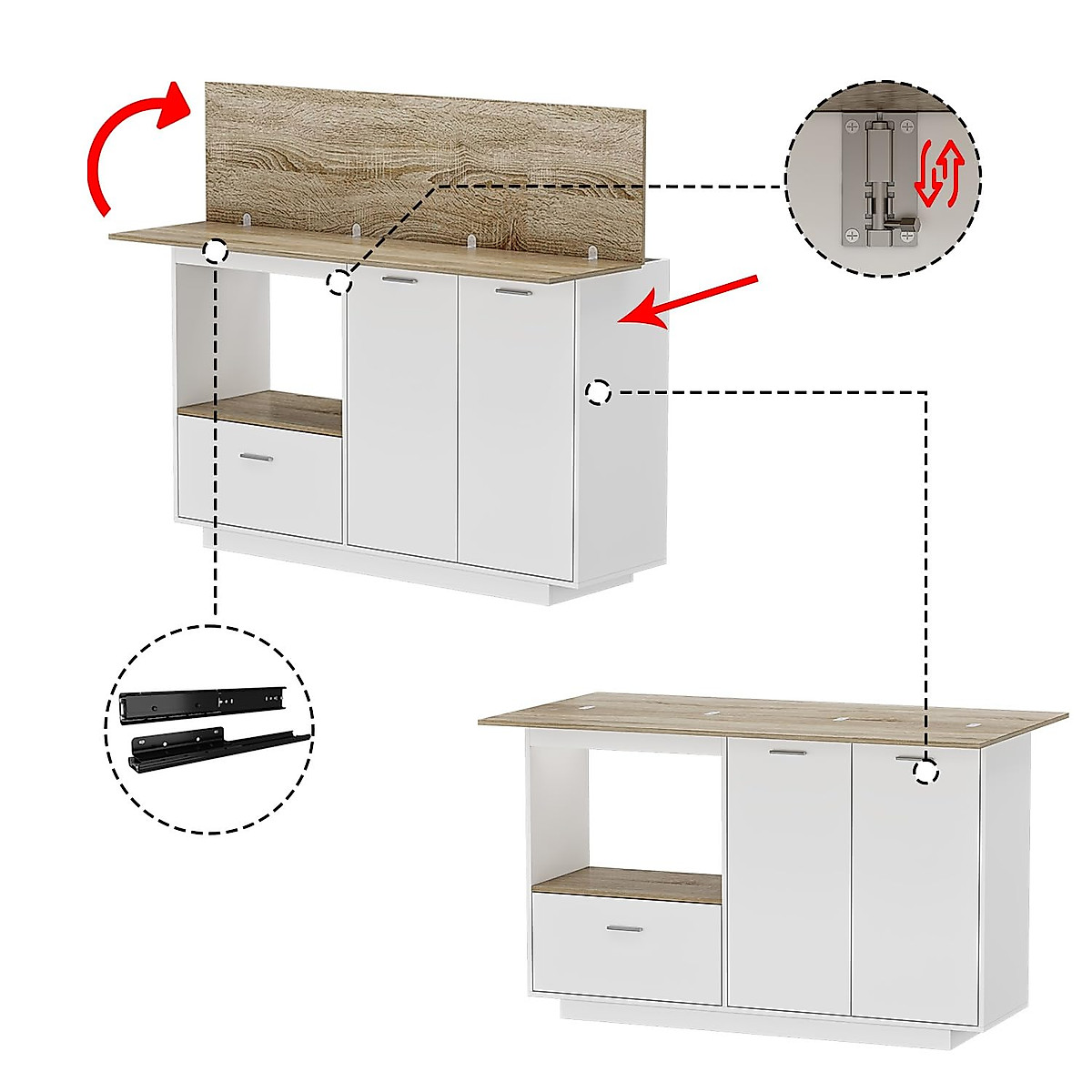 ECACAD 59.1" L Kitchen Island with Lots Storage & Foldable Brown Counter Top, Wood Kitchen Prep Table Stationery Storage Cabinet with Drawers, Shelves & Doors for Dining Room, Brown & White