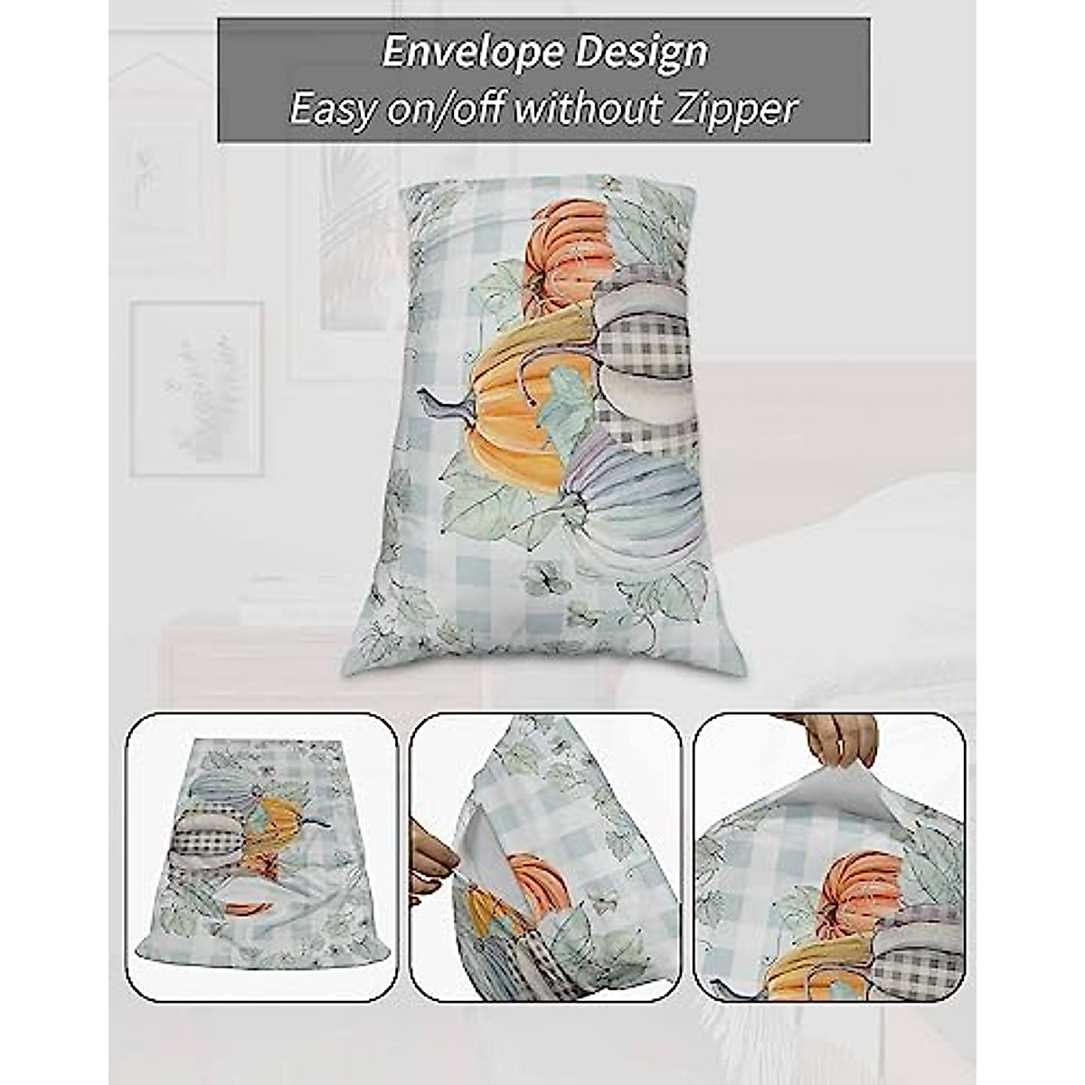 Thanksgiving Pillow Covers Standard Size Set of 2 Bed Pillow, Farmhouse Teal Plaid Fall Pumpkin Maple Leaves Plush Soft Comfort for Hair/ Skin Cooling Pillowcases with Envelop Closure 20''x26''