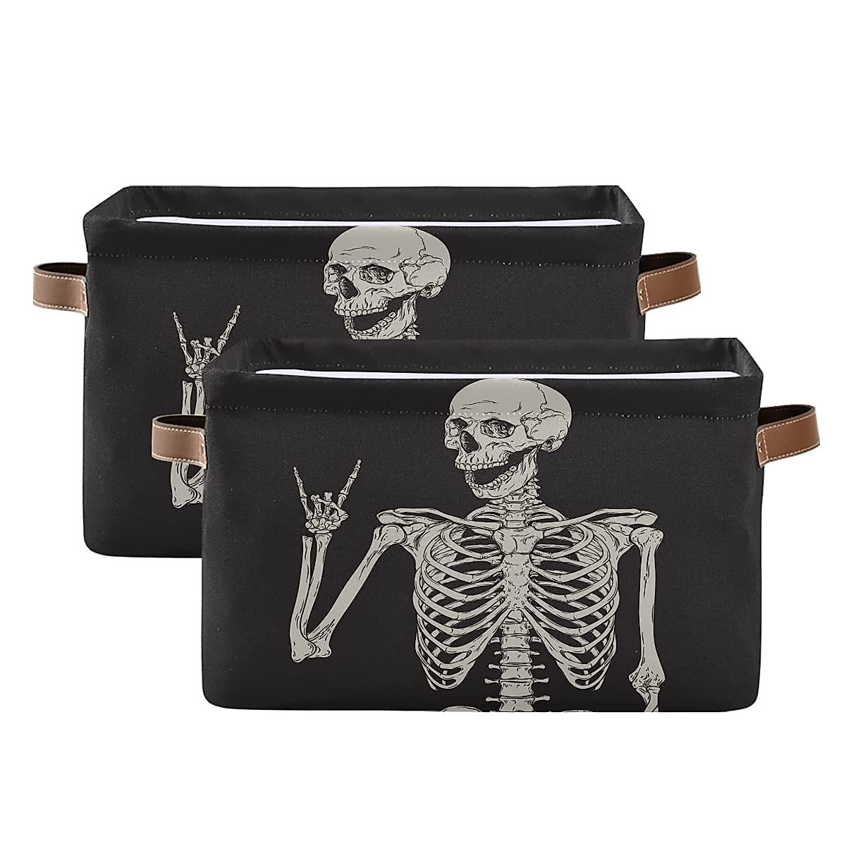 AUUXVA Human Skeleton Skull Storage Bins Basket, Day of The Dead Halloween Collapsible Storage Cube Rectangle Storage Box with Handles for Shelf Closet Nursery Bedroom Home Office 1 Pack