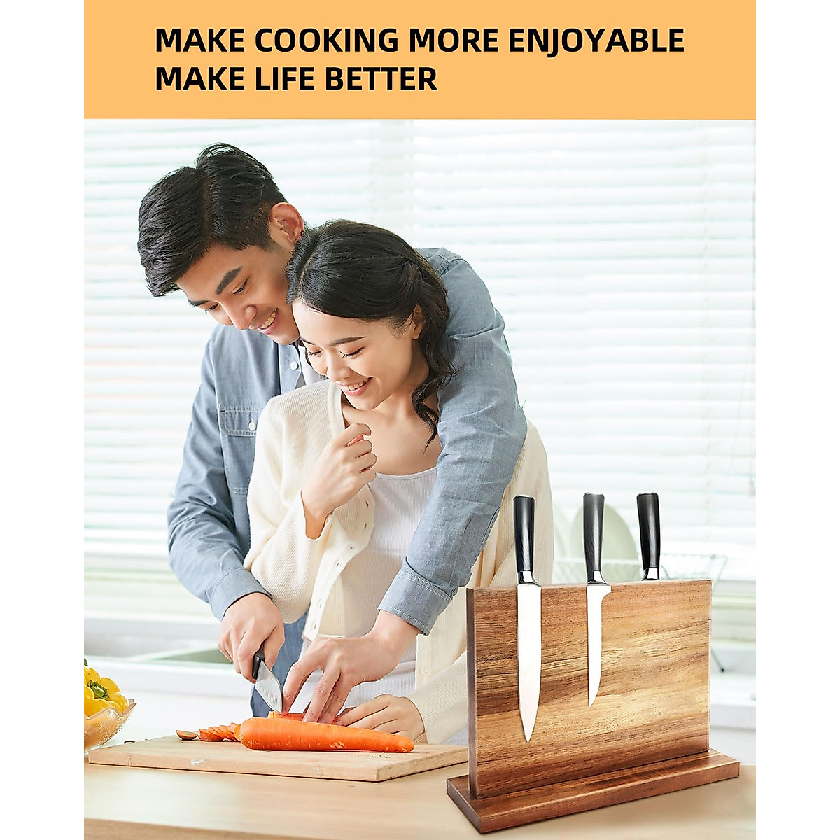 Magnetic Knife Holder Block Rack Double Sided Acacia Wooden Magnetic Knife Display Stand with Strong Enhanced Magnets for Kitchen Knife Counter Multifunctional Storage