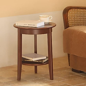 MaxSmeo Round End Table, Small Side Table for Small Spaces, 2-Tier End Table Wooden Side Table, Mid Century Modern Coffee Table,Easy Assembly, Brown, Two-shelves