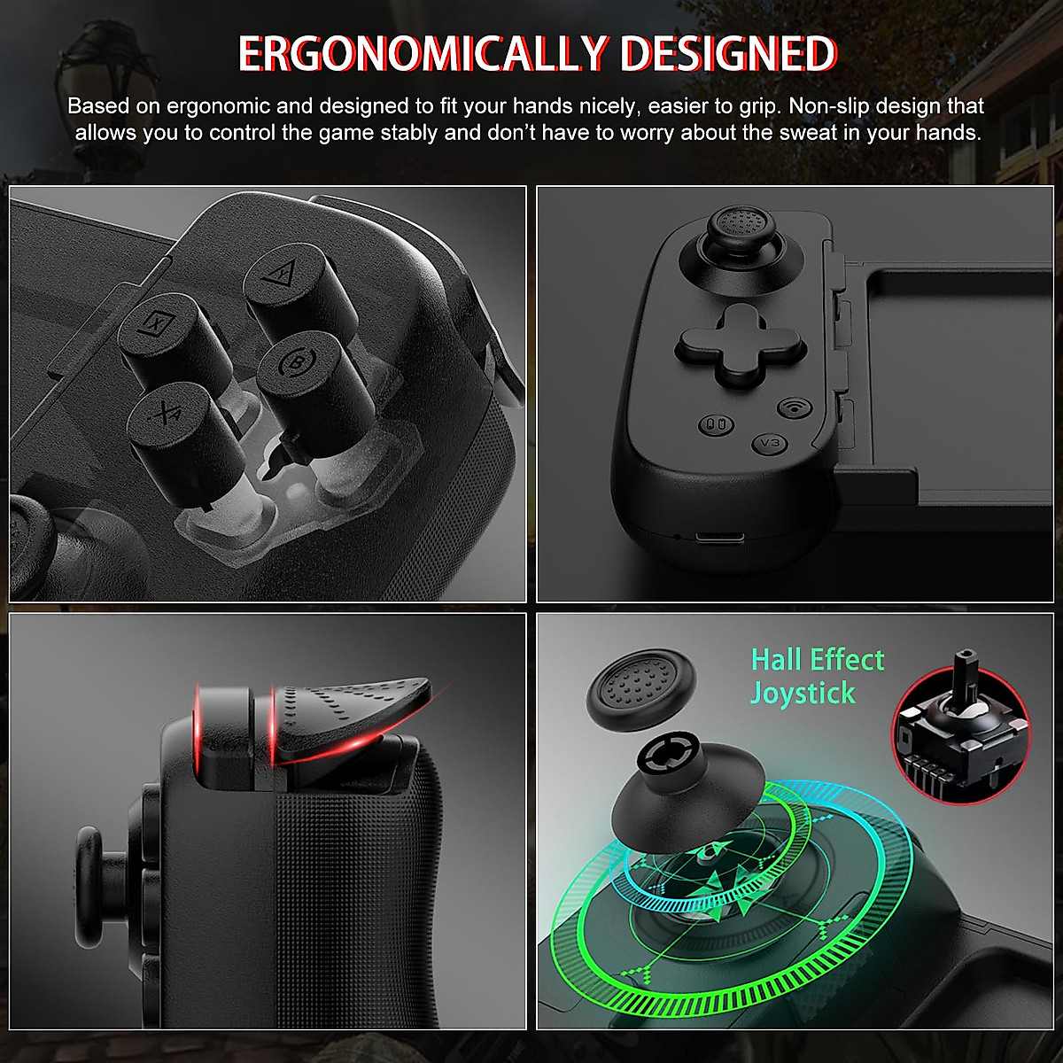 Joso Mobile Gaming Controller for iPhone/Android/PC/Nintendo Switch/PS4, Cloud Games, with Hall Effect Joystick, 6 Axis Gyro, TURBO, Gamepa for Android with Phone Case Support