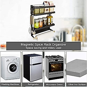 VIAV Magnetic Spice Rack with Paper Towel Holder for Refrigerator with 2-Tier Shelf Spice Rack Strong Magnetic Backing with 3 Hooks for Kitchen Storage,Refrigerator,Freezer,Grill Silver