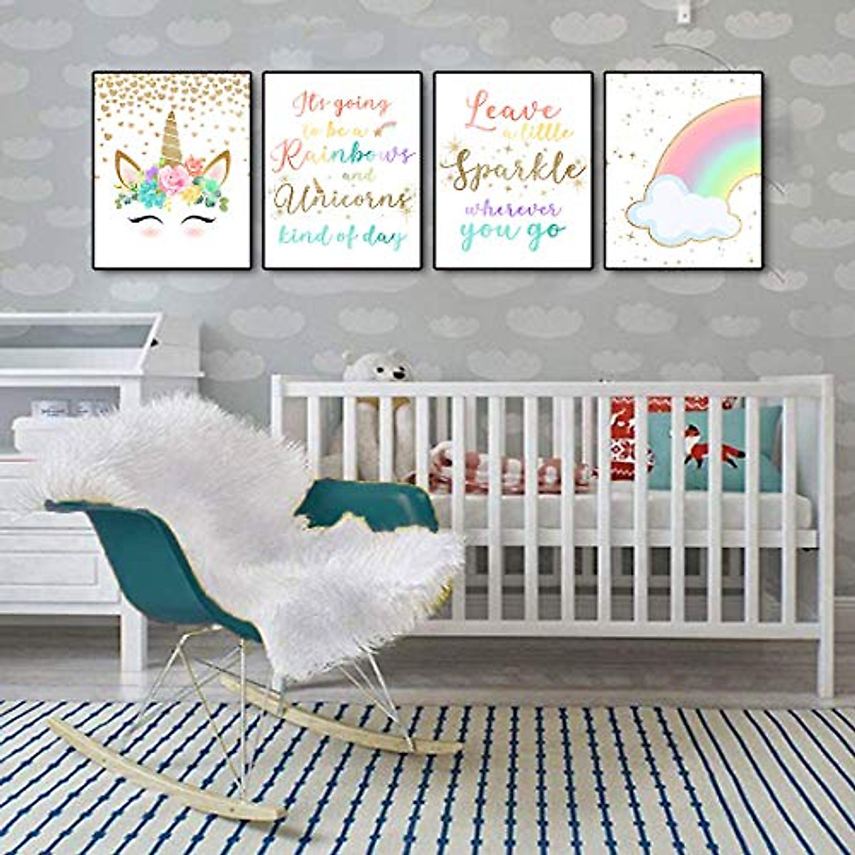 Rainbow Unicorn Art Prints - 4 Set of Kids Room Decor Wall Art