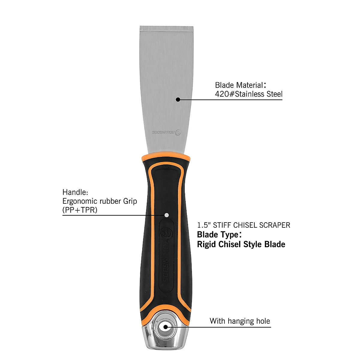 ROLLINGDOG 1.5 Inch Stiff Putty Knife - Stainless Steel Chisel Paint Scraper Tool for Wallpaper Stripping