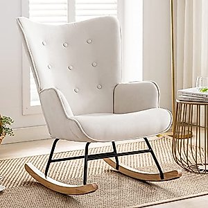 Wahson Glider Rocking Armchair with Tufted High Wingback Chenille Leisure Rocker Recliner Chair with Upholstered Comfy Cushion for Nursery/Indoor/Living Room/Bedroom, Beige