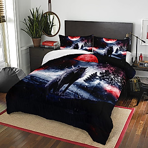AILONEN Outdoors Wolf Comforter Set Full Size, Evening Snowfield Red Moon Wolf Bedding Set,Wild Aminal 3D Print Duvet Set 3 Pieces, 1 Quilt + 2 Pillowcases