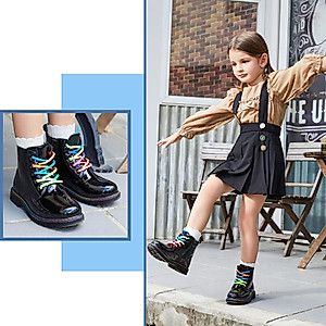 Hawkwell Girls Boys Combat Work Boots Side Zipper Ankle Boots with Rainbow Lace Up,Black Patent PU,13 M US Little Kid