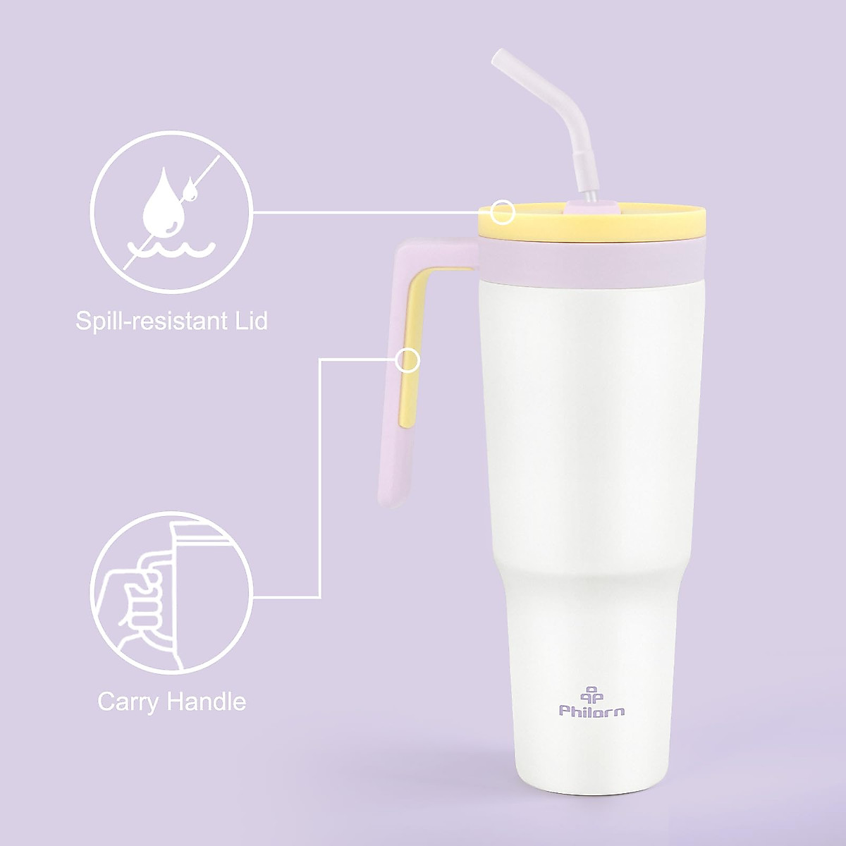 PHILORN 40 oz Tumbler with Handle & Lid, Spill Proof Large Tumbler Cup with Straw - Stainless Steel Vacuum Insulated Travel Water Mug Leak Resistant for Cold Tea or Coffee - Gifts for Women Men