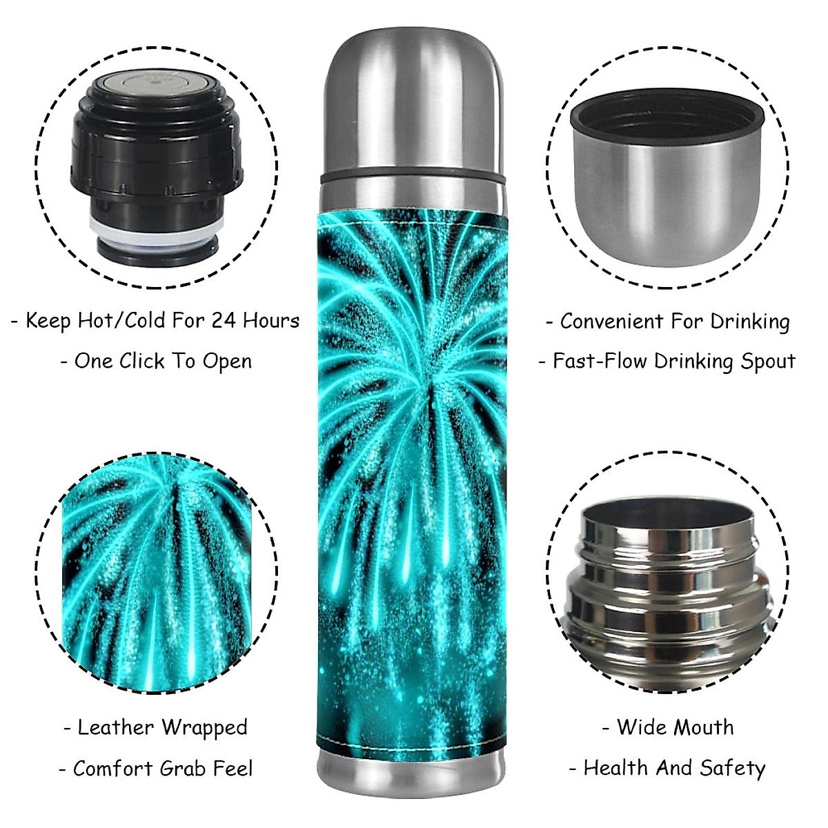 Stainless Steel Leather Vacuum Insulated Mug Fireworks Thermos Water Bottle for Hot and Cold Drinks Kids Adults 16 Oz