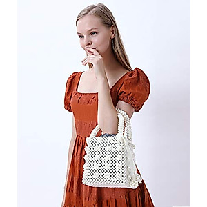 Miuco Womens Beaded Handbags Handmade Weave Crystal Pearl Tote Bags Cream