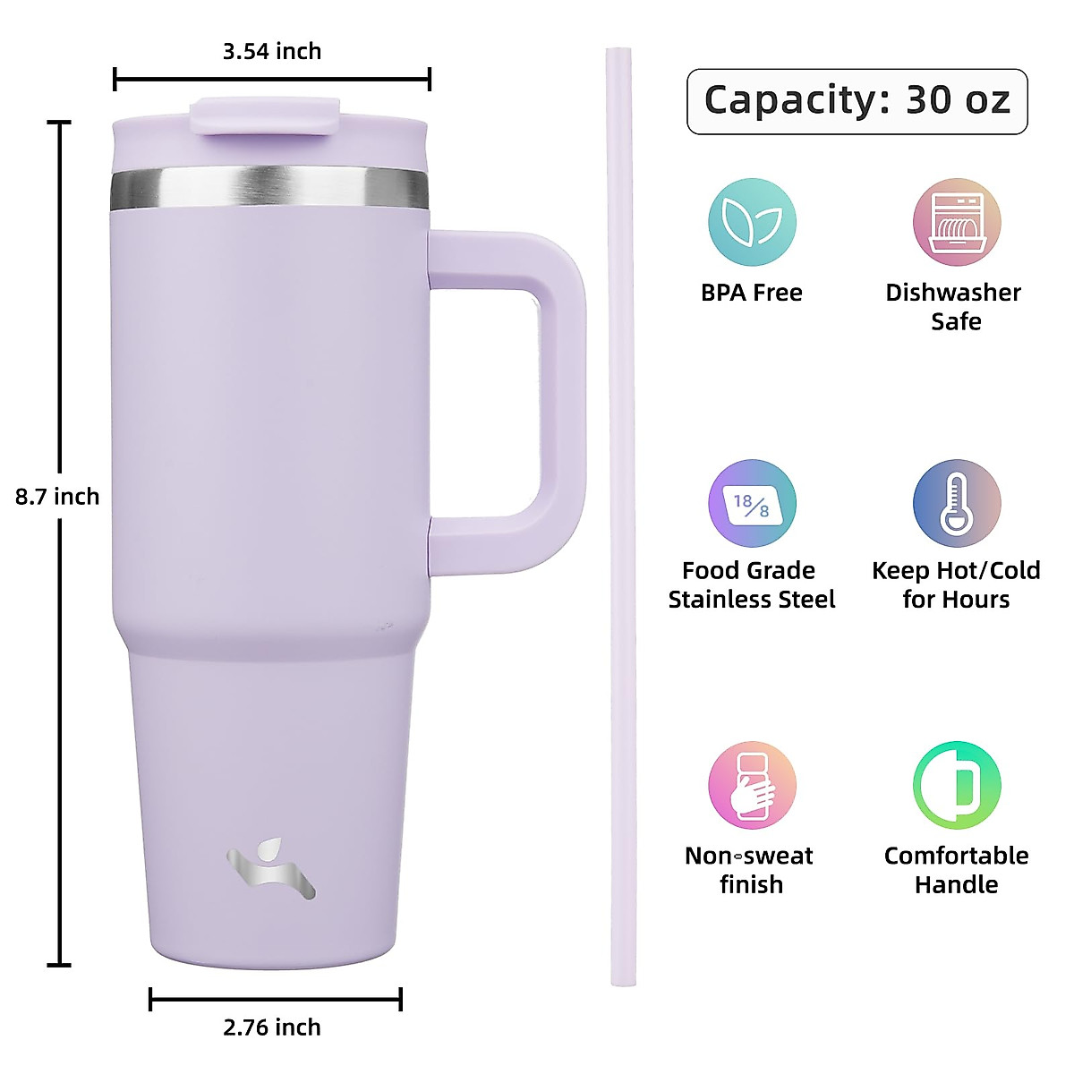 Konokyo 30 oz Tumbler with Handle and 2 Straws,2 in 1 Lid Insulated Water Bottle Stainless Steel Travel Coffee Mug,Wisteria