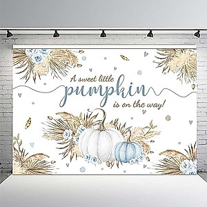 MEHOFOND 8x6ft Autumn Boho Little Pumpkin Backdrop for Boy Baby Shower Fall Leaves Pampas Grass Thanksgiving Blue White Floral Background for Photography Party Decorations Banner Photo Booth Props