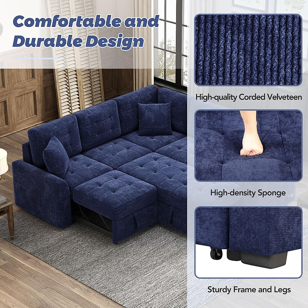 Pull Out Couch Sectional Sleeper Sofa Couch with Pull Out Bed Convertible Sofa Bed with USB Ports and Power Sockets L Shaped Couch for Living Room, Navy Blue