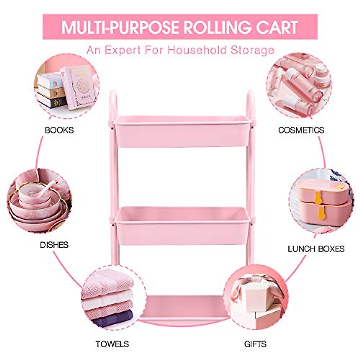 TOOLF Utility Rolling Cart with Lockable Wheels,Multi-Purpose Storage Organizer,Organizer Trolley with Handles,Serving Trolley with Mesh Basket for Home,Office,Kitchen,Bathroom (Pink)