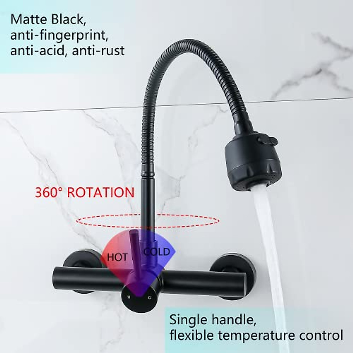 ZHYICH Kitchen Sink Faucet Wall Mount with Sprayer, Stainless Steel Mixer Tap, Matte Black Finish, NSF and Lead-Free Certified for Utility and Laundry Sink Faucet