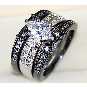 LOVERSRING His and Hers Couple Ring Bridal Set His Hers 3pc Women Black Gold Filled Cz Man Titanium Wedding Ring Band Set