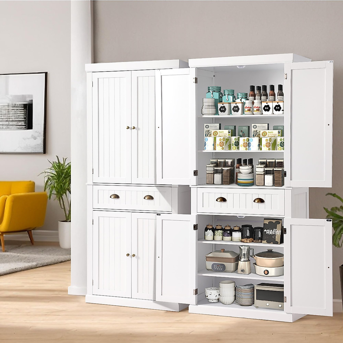 LOUVIXA 72" Kitchen Pantry Storage Cabinet, Freestanding Cupboard with 2 Cabinets, Drawer and Adjustable Shelves, Tall Storage Cabinet for Kitchen, Dinning Room, Living Room (White)