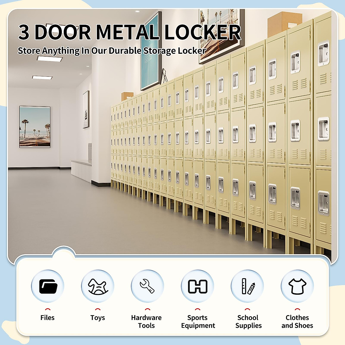 KAER Lockers,Metal Locker, Lockers for Employees, Locker Shelf for School, Gym Locker, Office, Garage, 3-Tier Locker with Mirror, Hooks, Screwdriver, Gloves