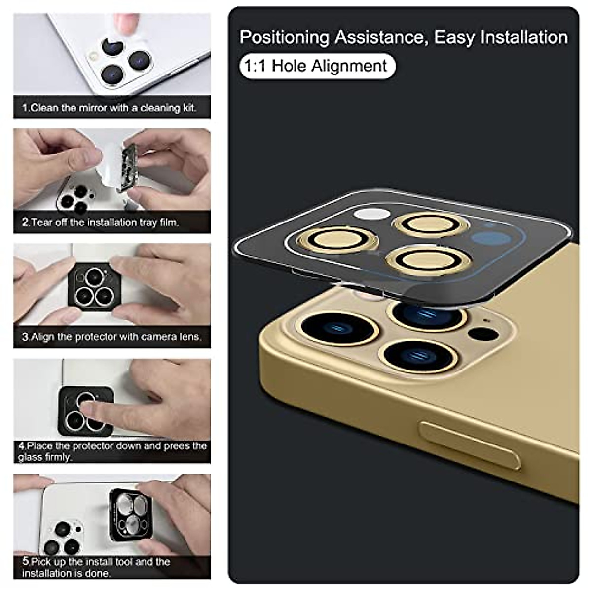 QsmQam [3x2 Pack] Camera Lens Protector for iPhone 14 Pro 6.1" & iPhone 14 Pro Max 6.7", Individual Metal Ring Tempered Glass Camera Cover, Ultra-High Definition,Anti-Scratch, with Installation and Removal Aids(Gold)
