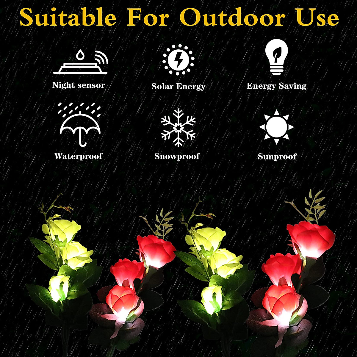 IRmm Outdoor Solar Garden Flower Lights, 2 Pack LED Solar Powered Flowers Lights with 6 Roses, Waterproof Solar Garden Stake Lights for Garden, Patio, Yard, Pathway Decoration (Red+Yellow)