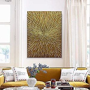 ART8YUQI Paintings - Thick Heavy Texture Wall Art Abstract Golden Flowers Picture Modern Artwork Oil Painting 3D Gradient Bright Pictures Ready to Hang for Living Room Decor 24x36 Inch