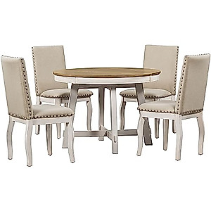 Dinehome 5-Piece Farmhouse Wooden Round Extendable Dining Table Set with 4 Upholstered Chairs, Oak Natural Wood + Antique White