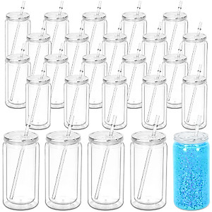 Maucircol 16 Oz Acrylic Snowglobe Tumbler, 25 Pack Pre-Drilled Double Wall Plastic Clear Cup for Glitter Snow Globe Diy, Double Wall Plastic Snowglobe Cup with Clear Lid