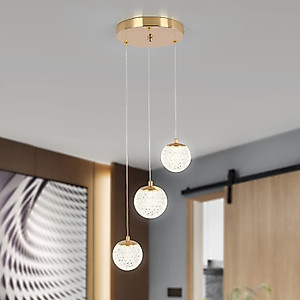 Gold Crystal Pendant Lights 5000k Daylight White,3-Light Mini Led Modern Brushed Brass Light Fixtures Ceiling Hanging, Glass Globes Pendant Lighting for Kitchen Island Bedroom Dining Room Foyer