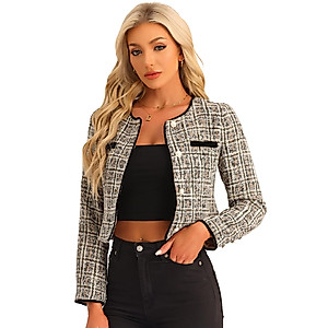 Allegra K Tweed Jacket for Women's Long Sleeve Casual Work Office Plaid Short Outwear Large Apricot