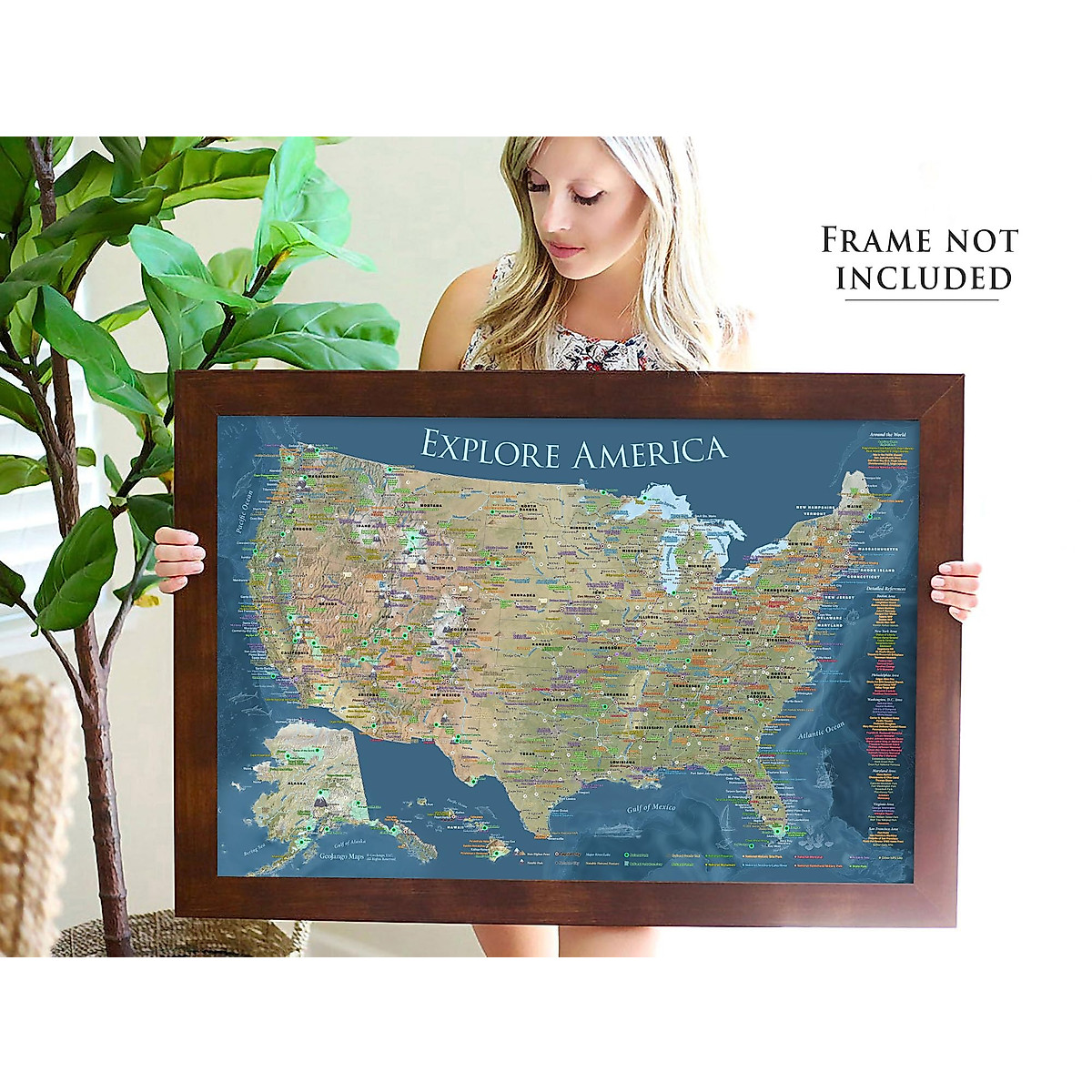 National Parks Poster Map with terrain and USA Interstates, All NPS Sites, Landmarks, Highest Peak by State Poster - 24x18 inch Map - Explore America - Voyager Edition